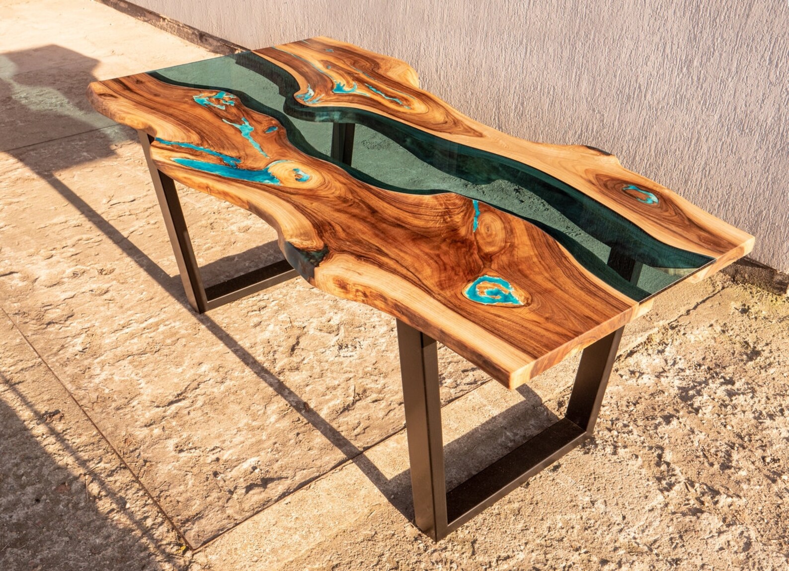 Live edge river glass dining table with bench and glowing | Etsy