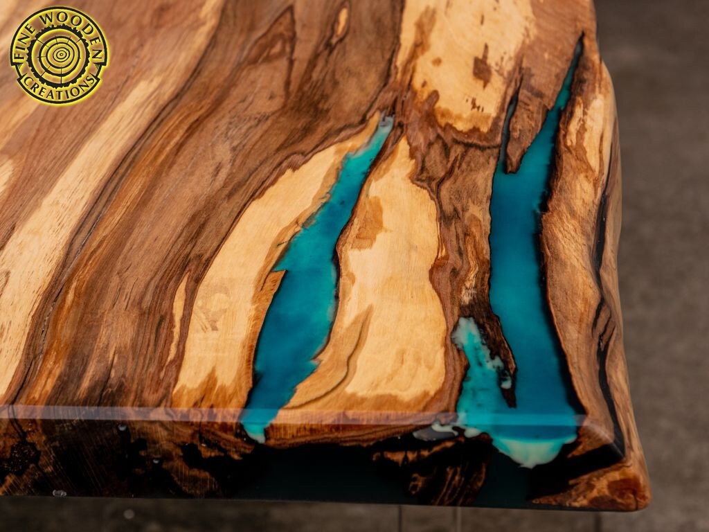 Live Edge Resin River Dining Table With Turquoise Glowing - Etsy