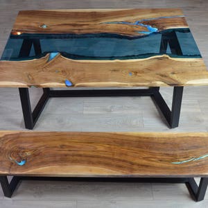 Live Edge River Dining Table With Bench and Glowing Resin Fill In - Etsy