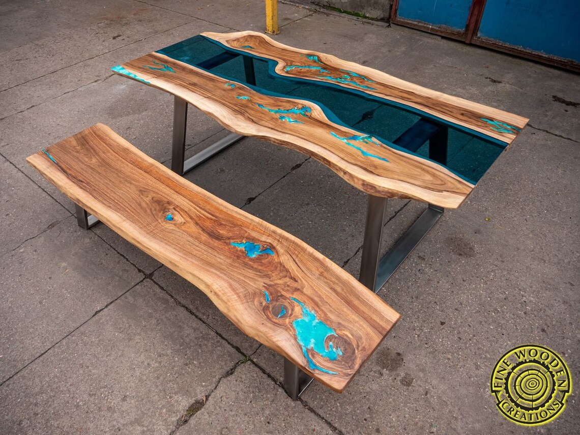 Live Edge River Glass Dining Table With Bench and Glowing | Etsy