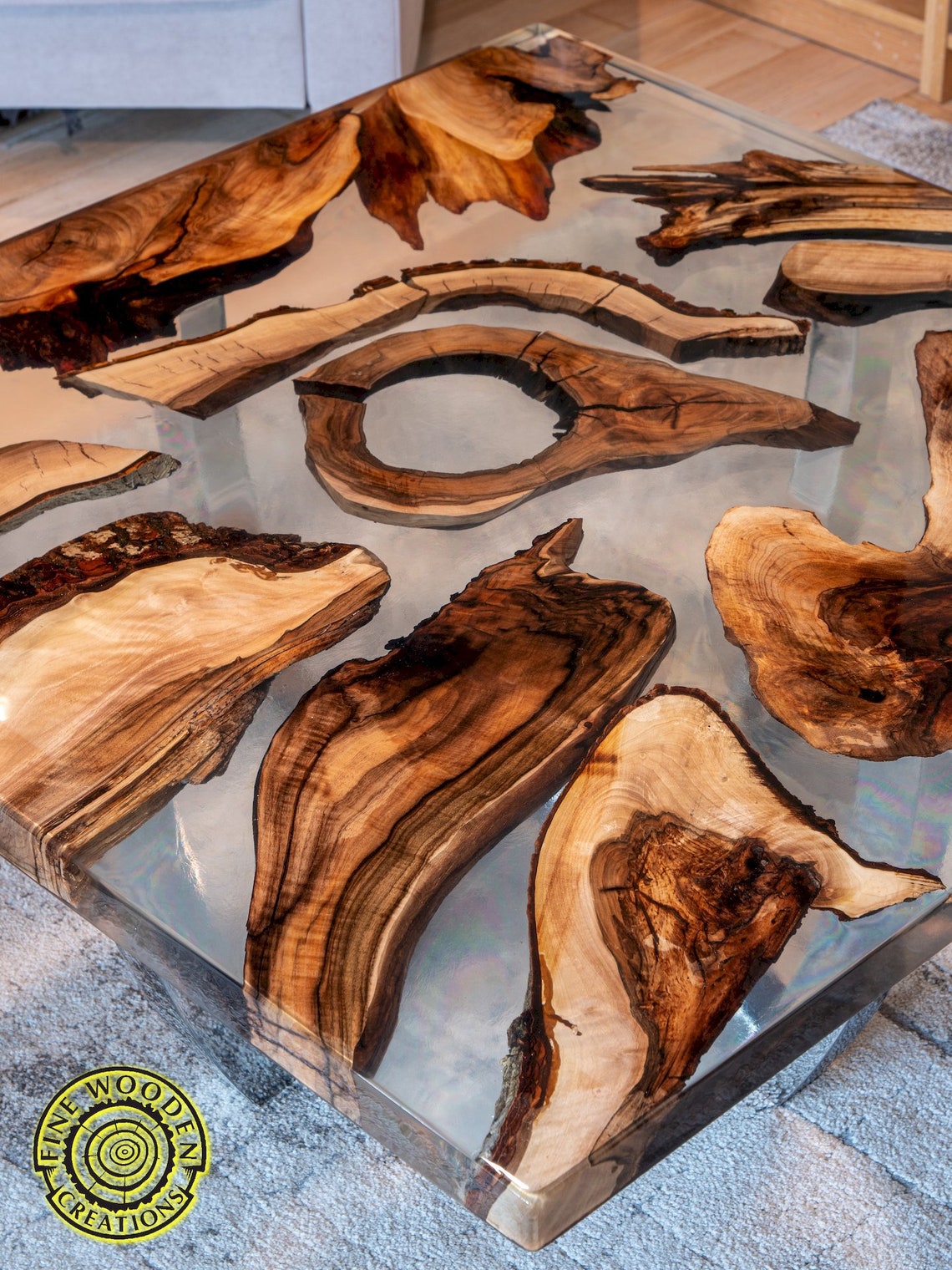 Square Resin and Walnut Coffee Table With Transparent Crystal - Etsy