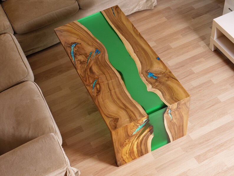 Waterfall Live Edge River Coffee Table With Plexiglass Leg and Glowing ...