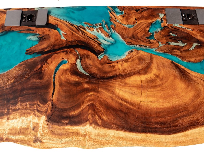Desk / Workbench With Epoxy Resin and Live Edge Made of Suar Wood - Etsy