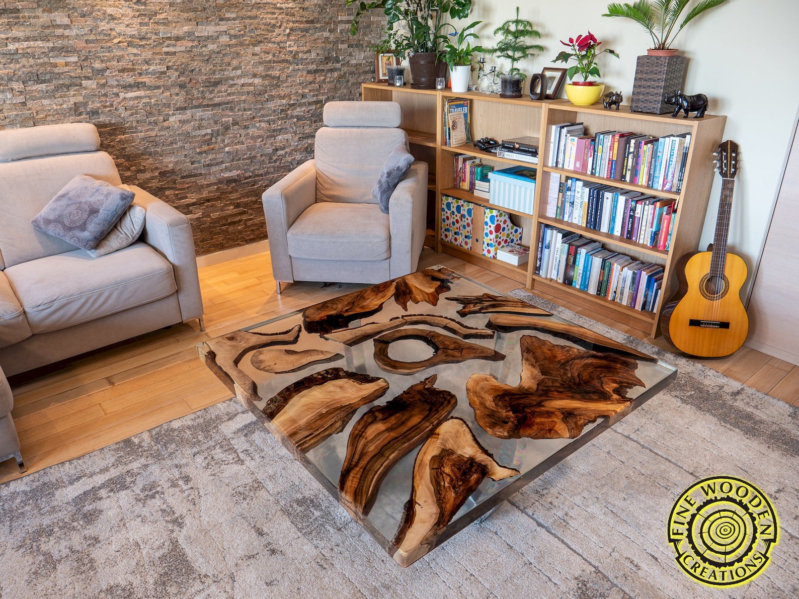 Square Resin and Walnut Coffee Table With Transparent Crystal Clear ...