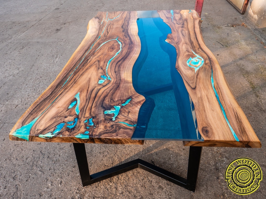 Live Edge River Dining Table With Turquoise Glowing Resin, Walnut Wood ...