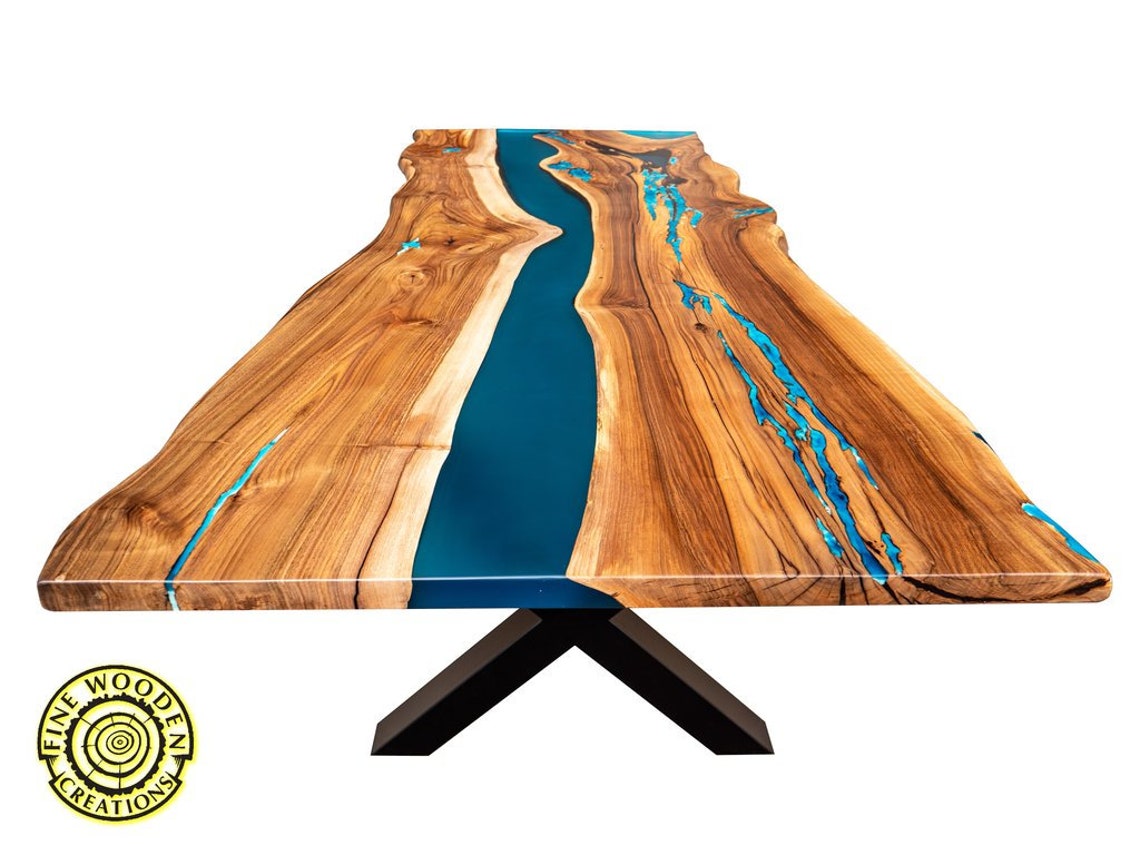 Live Edge Resin River Dining Table With Turquoise Glowing | Etsy