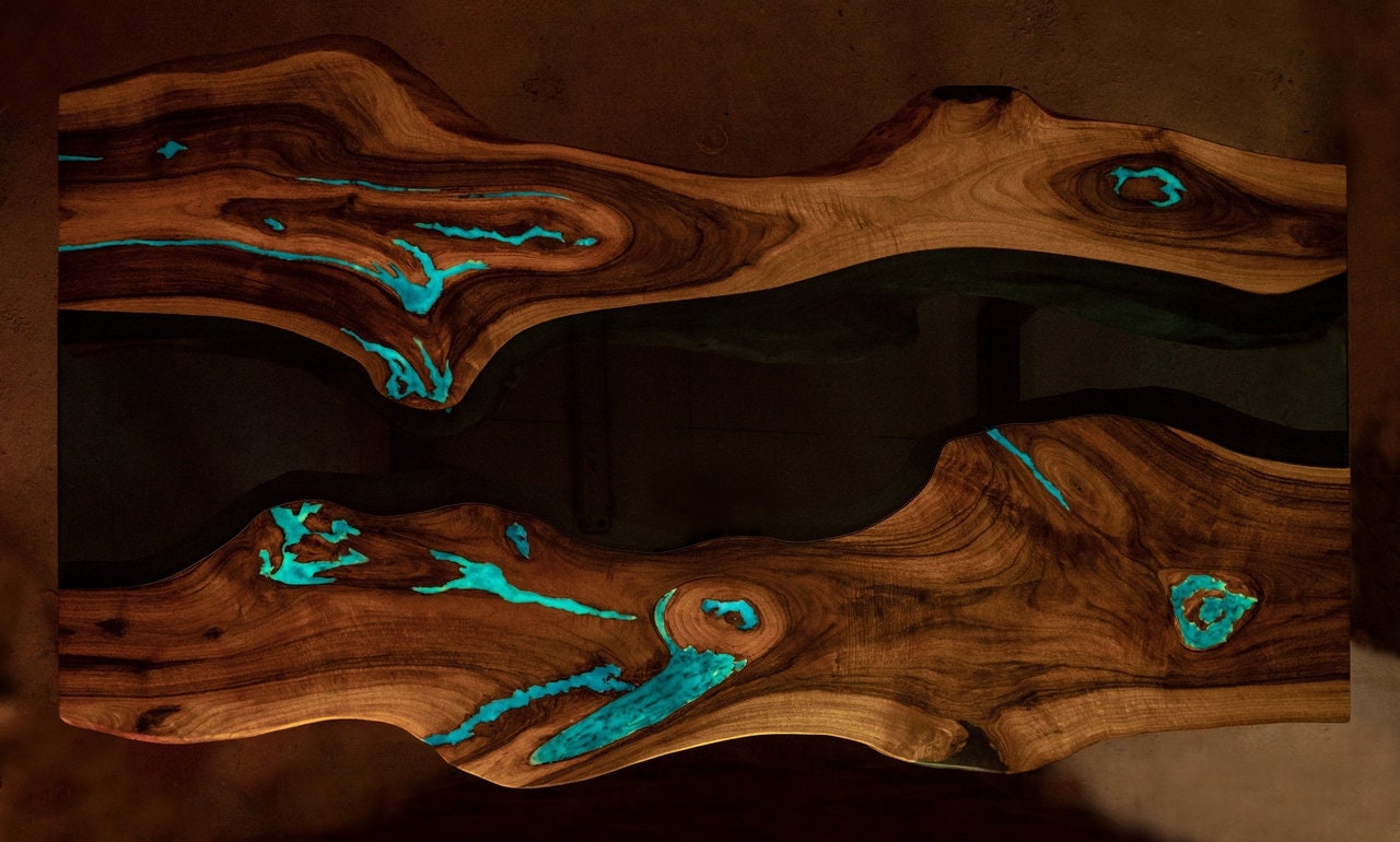 Live edge river glass dining table with bench and glowing | Etsy