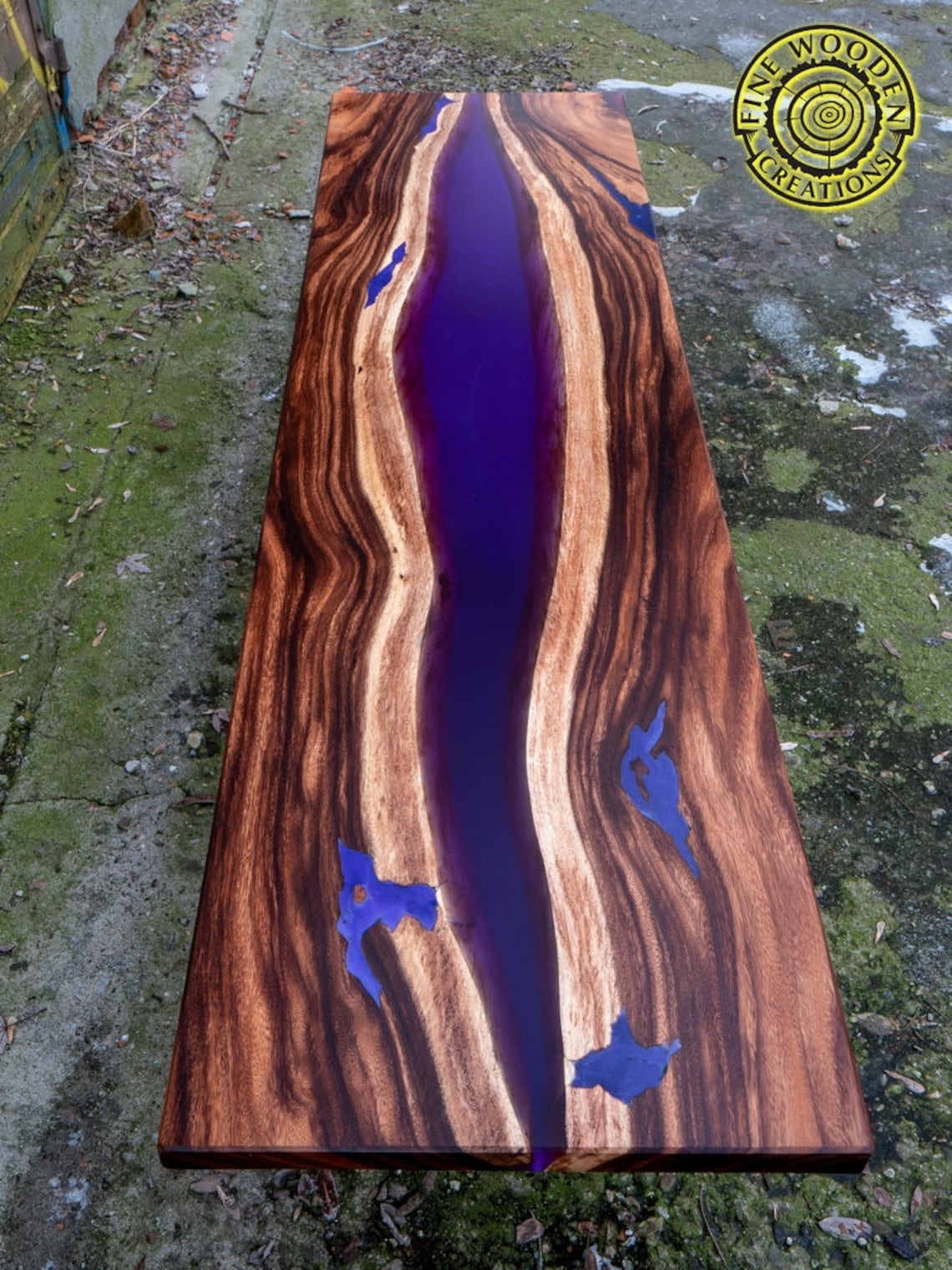 Bench live edge resin river with purple glowing pigment suar | Etsy