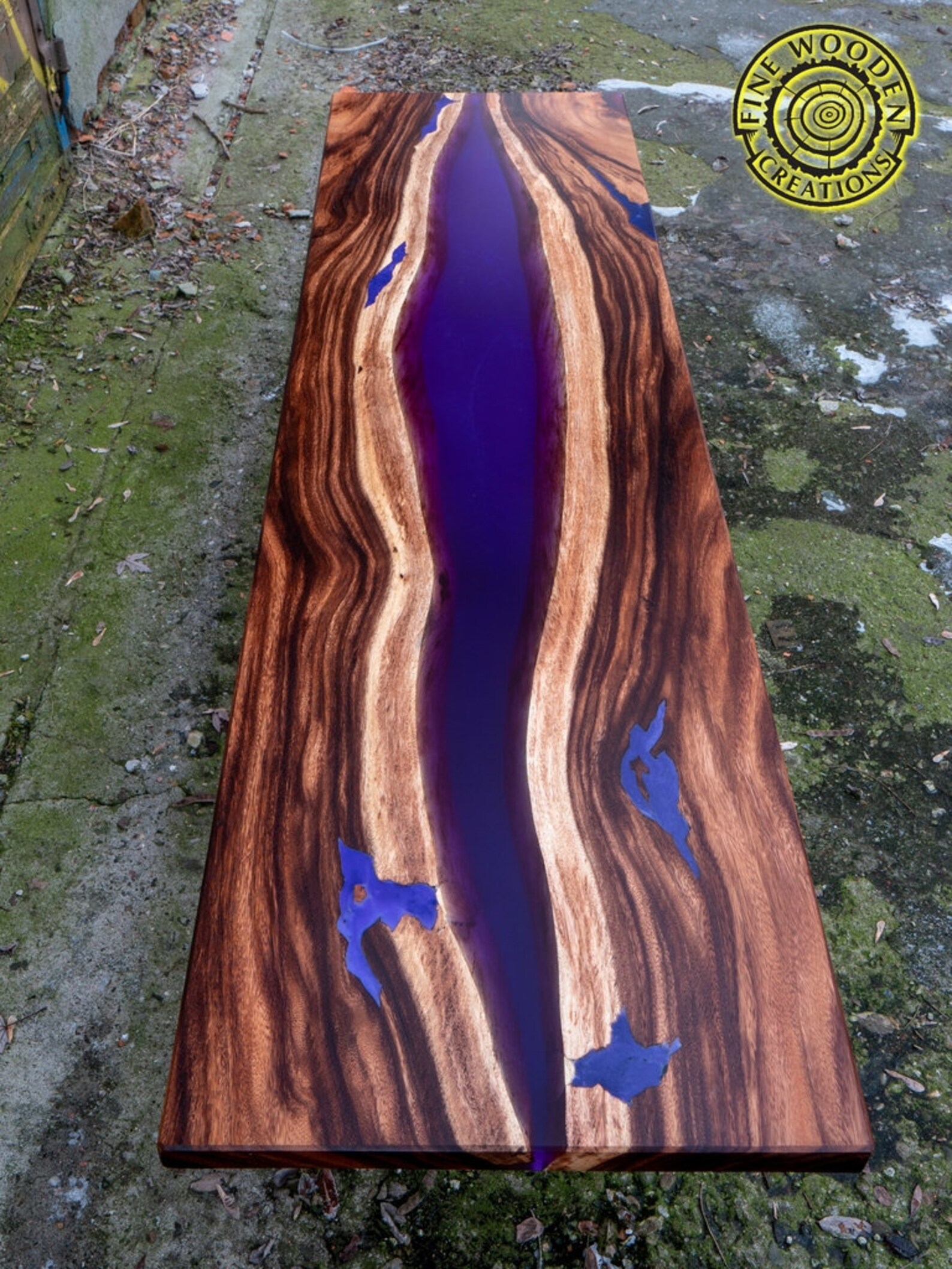 Bench live edge resin river with purple glowing pigment suar | Etsy