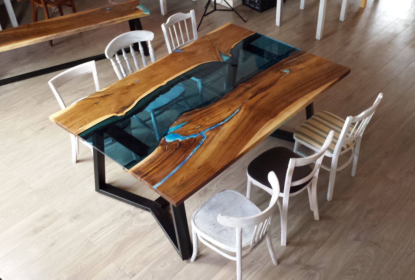 Live Edge River Dining Table With Bench and Glowing Resin Fill - Etsy