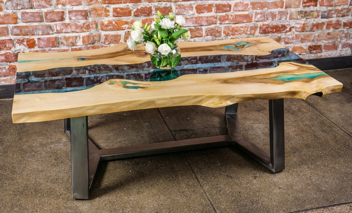 Live edge river coffee table with glowing resin and metal base | Etsy
