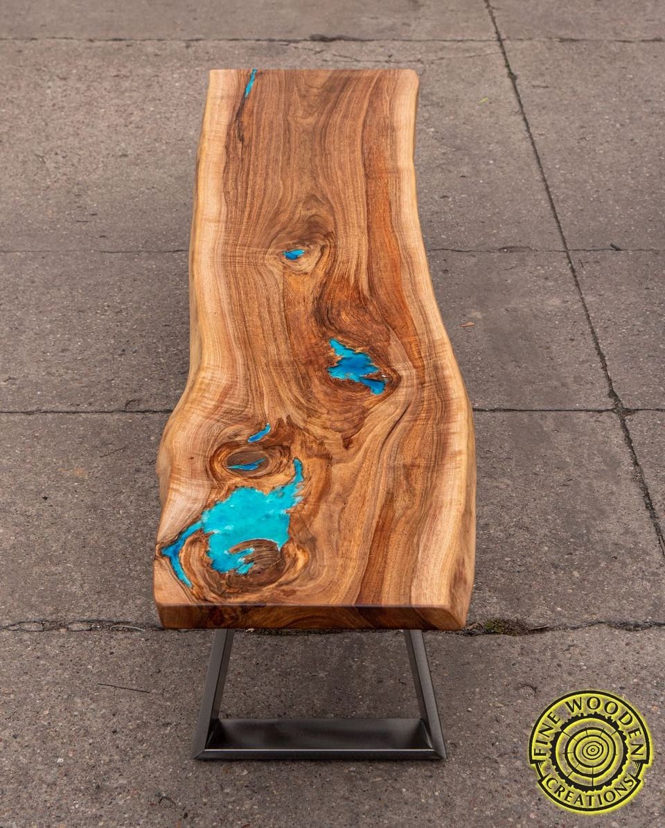 Live Edge River Glass Dining Table With Bench and Glowing Resin Fill In ...