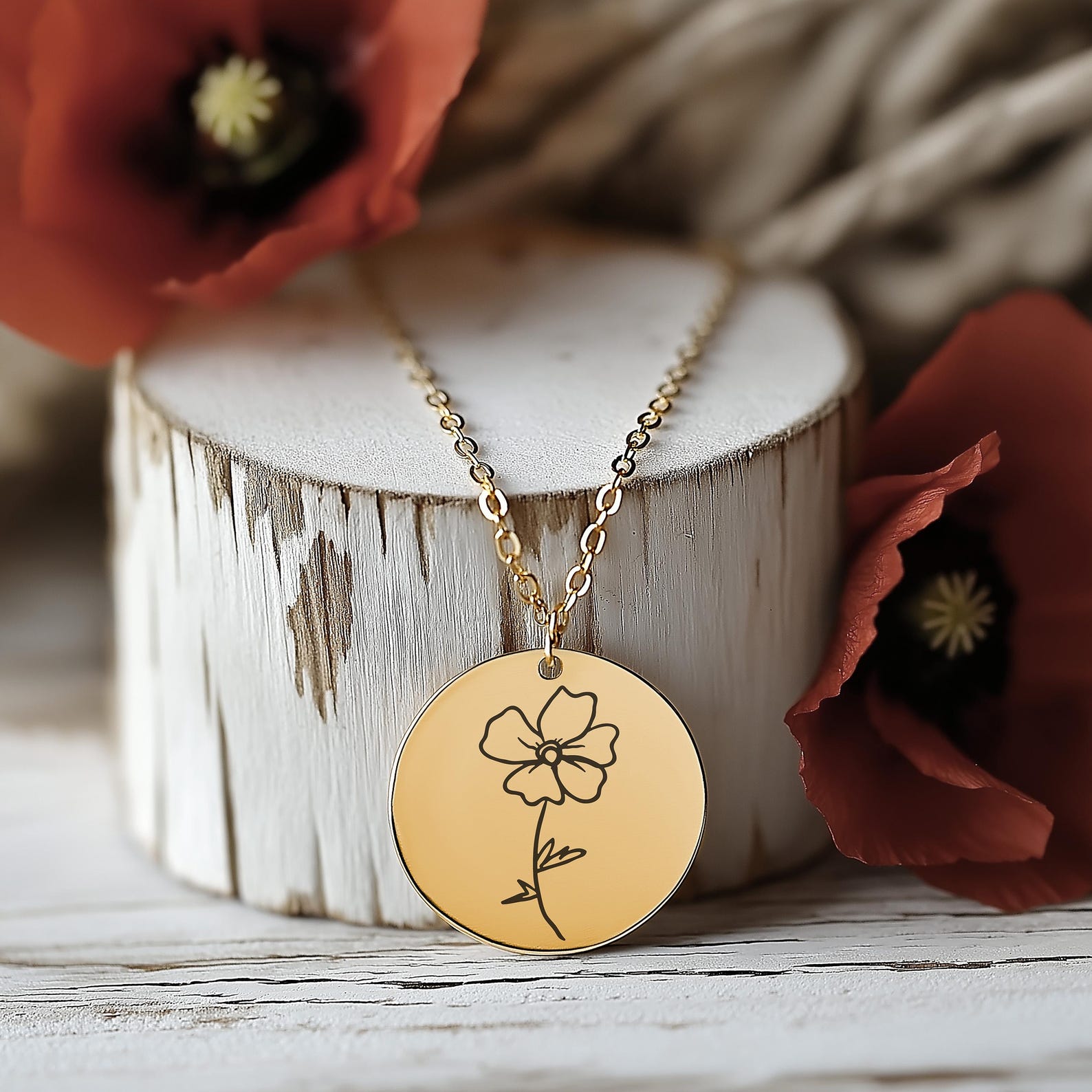 August Birth Flower Necklace, Poppy Birth Month, Birth Flower Jewelry ...