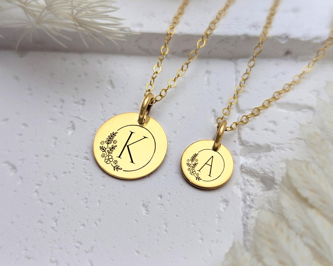 Initial Disc Necklace • Personalized Initial Necklace • Flower Necklace • Dainty Initial ...