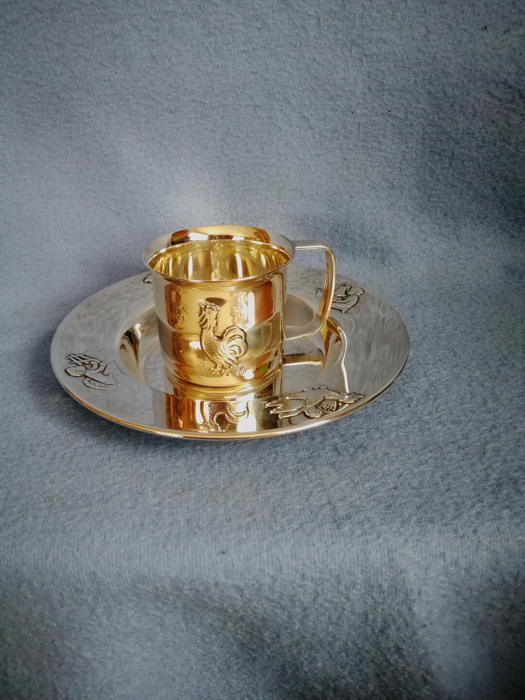 Vintage Silver Plate Cup & Saucer Set Child Kids Baby Mug Plate Farm ...