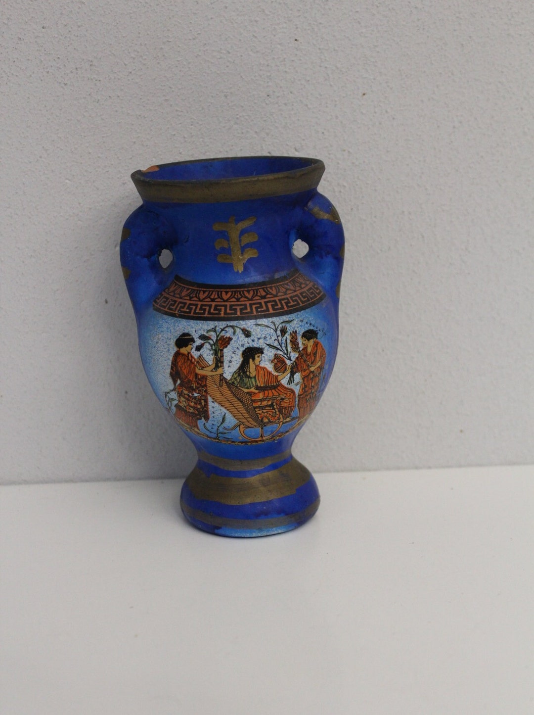 Decorative Blue and Gold Painted Pottery Vase Urn 6" Made in Greece ...
