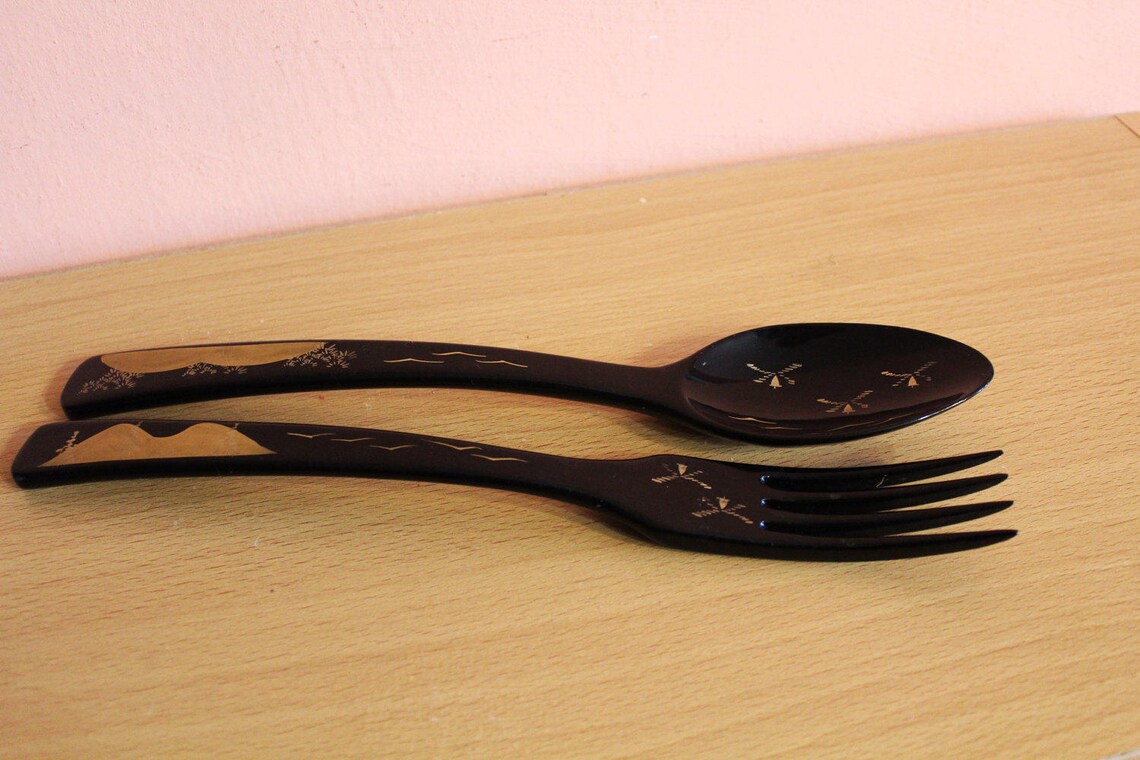 Vintage Black Lacquer Hand Painted Wood Japanese Fork Spoon - Etsy