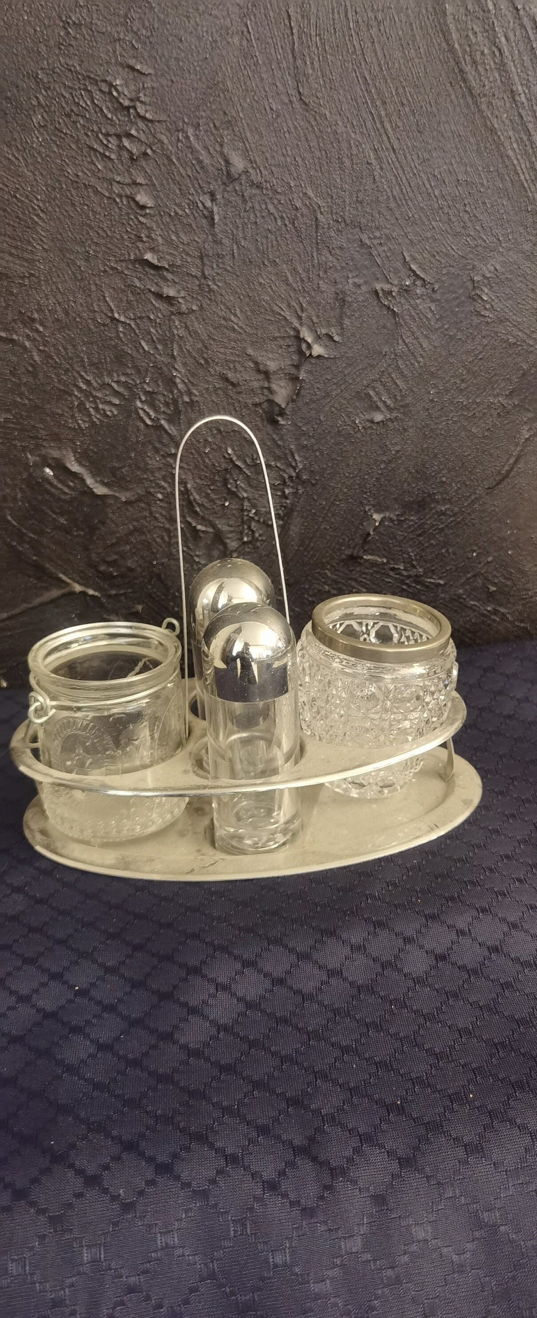 Vintage Cut Crystal Glass Cruet Set With Holder, Salt Shaker, Pepper ...