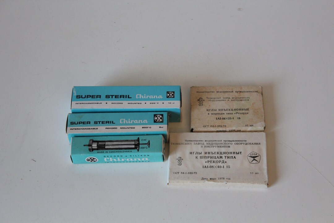 Vintage Set Of3 Medical Chirana Glass Syringe Record With Syringe ...