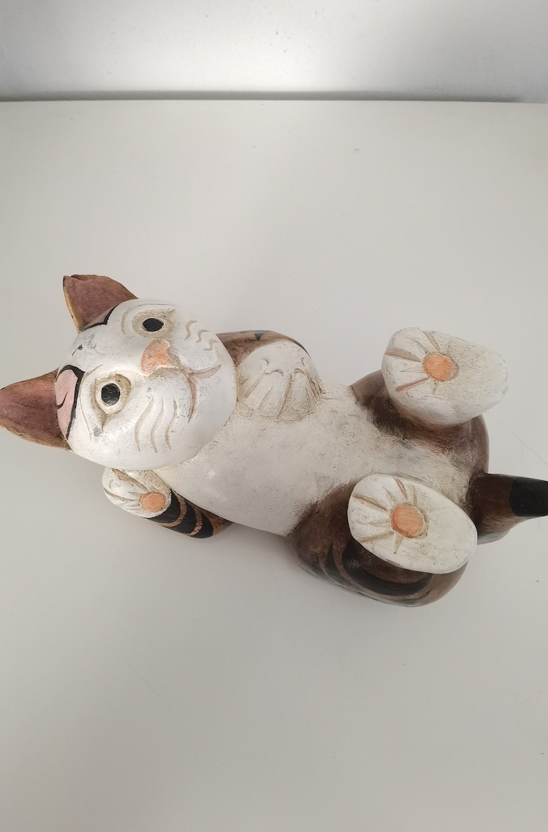 Cat Painted Tabby Lying Brown and White Cat Wooden Cat - Etsy