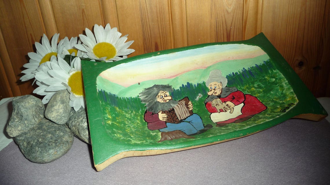 Vintage Large Norwegian Wooden Bowl Signed Hand Painted Trolls Norway ...