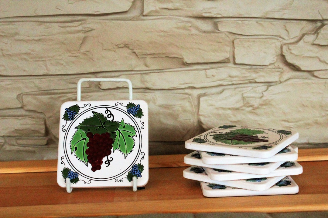 Set of 7 Ceramic Grapes Coasters, Drink Coasters, Wine Cork Puller ...