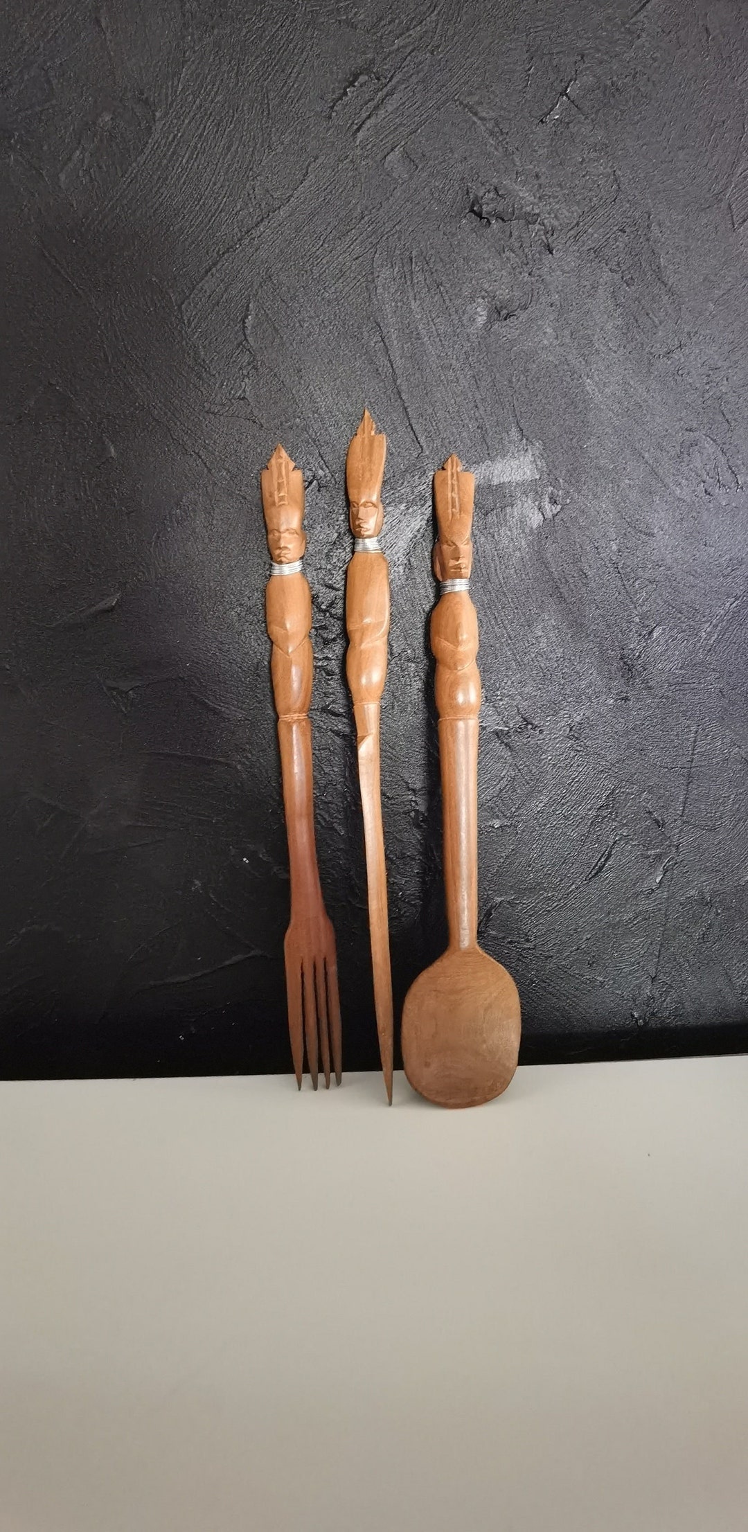 Vintage African Wooden Fork Knife Spoon Set, Salad Servers, Hand Carved ...