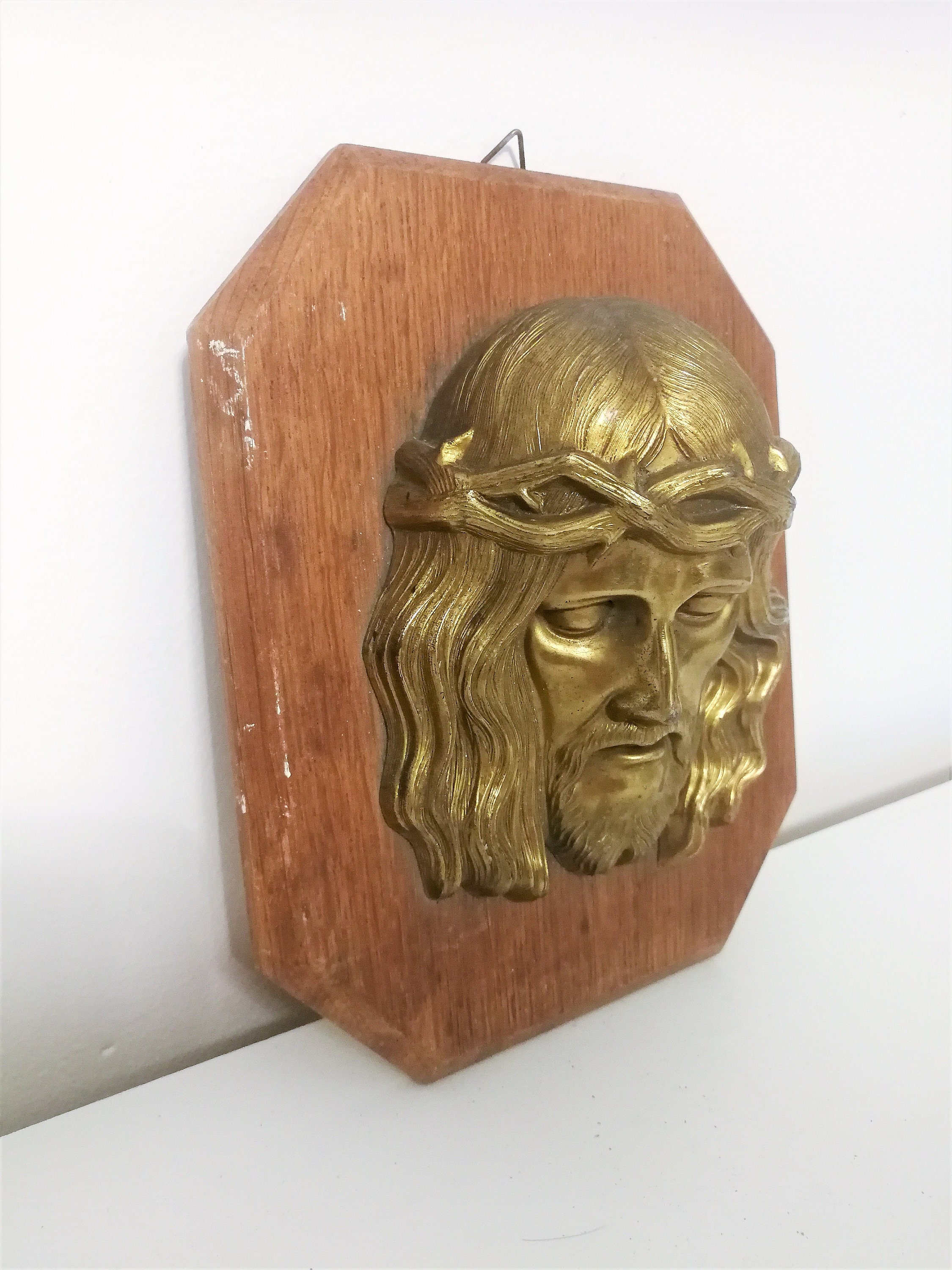Vintage wall plaque Sacred of JESUS brass and wood / brass and | Etsy