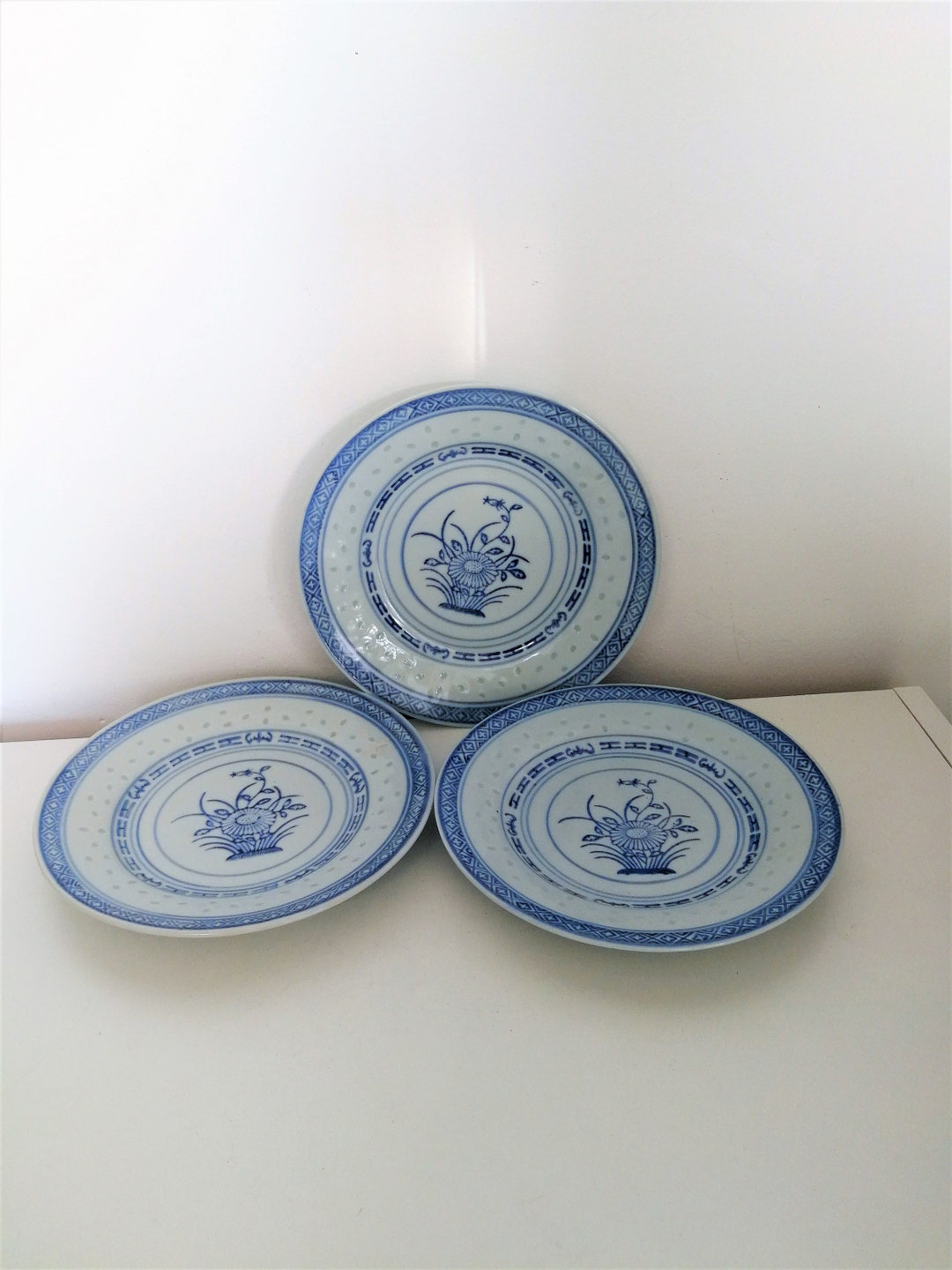 Set of 3 Rice Eyes Chinese Porcelain Blue White Plate, Chinese Plate ...