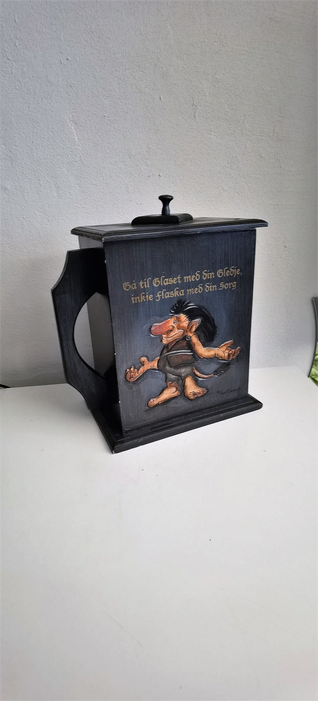 Vintage Norwegian Troll Figurine on Wooden Wine Box Holder Paul Bonner ...