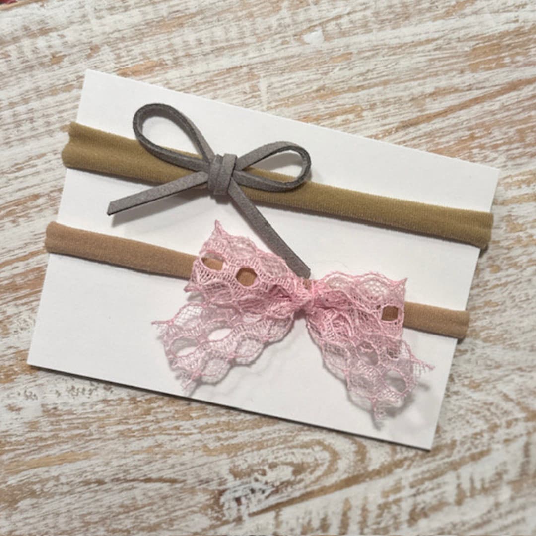 New Baby Gift, Pink Lace Bow, Gift Newborn, Grey Suede Bow, Newborn ...