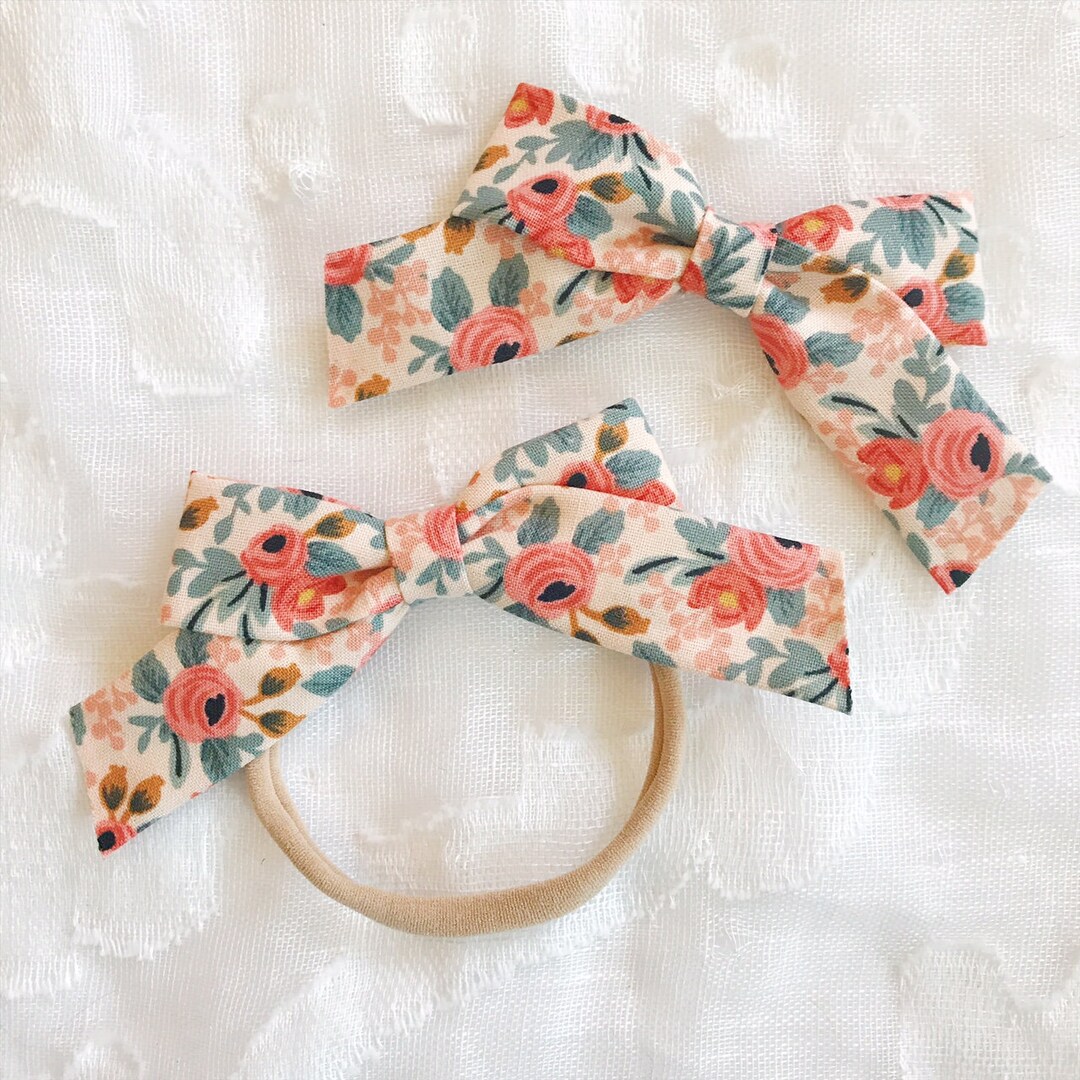 Baby Girl Bows, Peach Floral Hair Bow Clip, Baby Bow Headband, Baby ...
