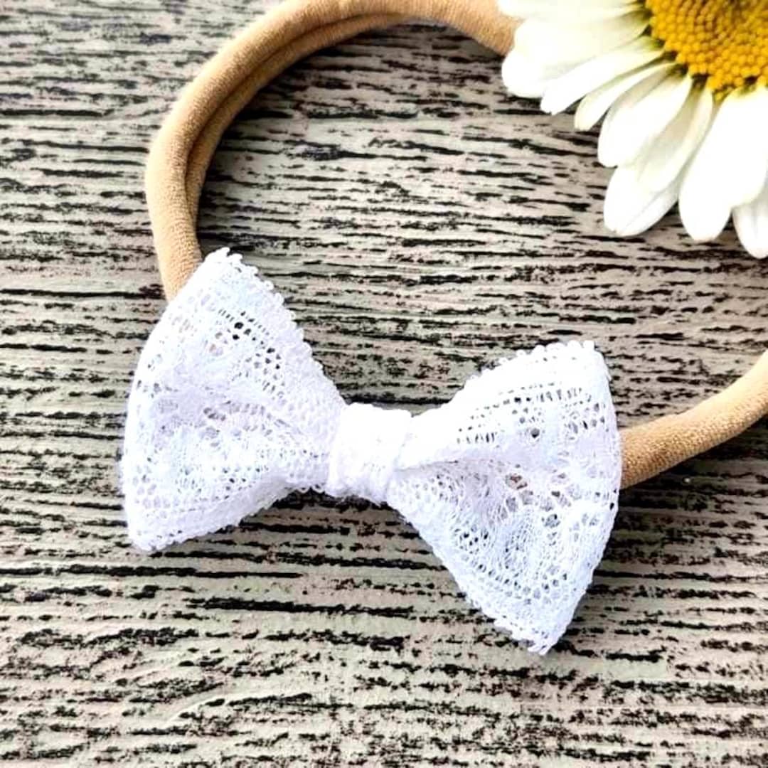 Petite White Lace Bow, New Baby Gift, White Lace Preemie Bow, Tiny Bow ...