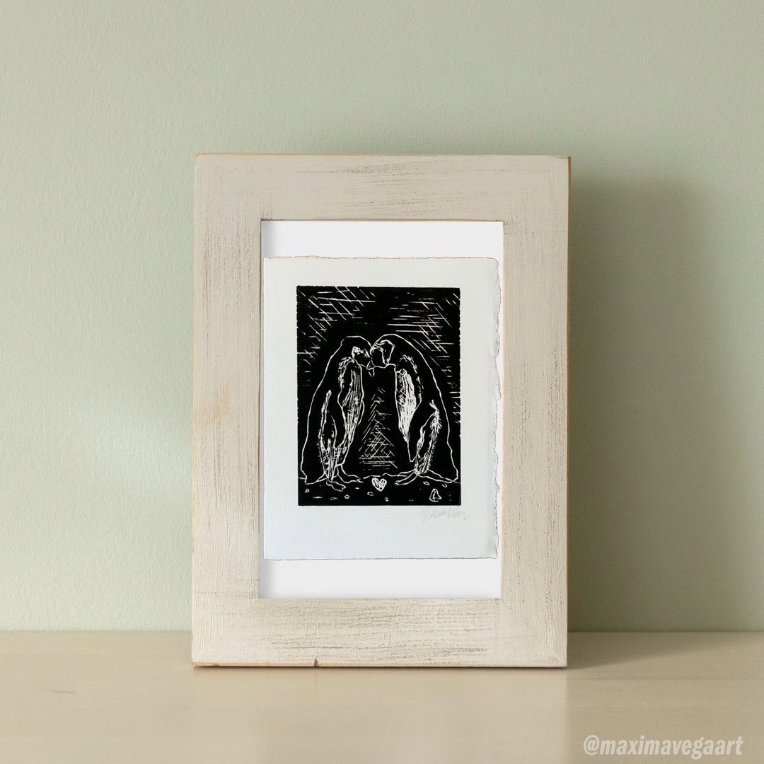 Linocut Penguin Art Print: "stoney Love" Monogamy Symbol - Etsy