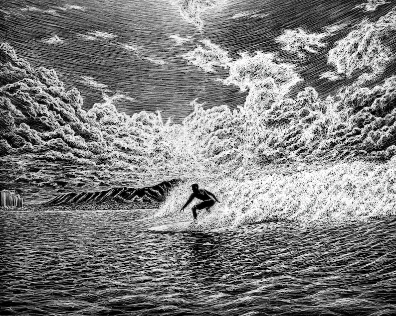 Surfer Inverted Freehand Ink Drawing, Signed, Numbered, Limited Edition ...