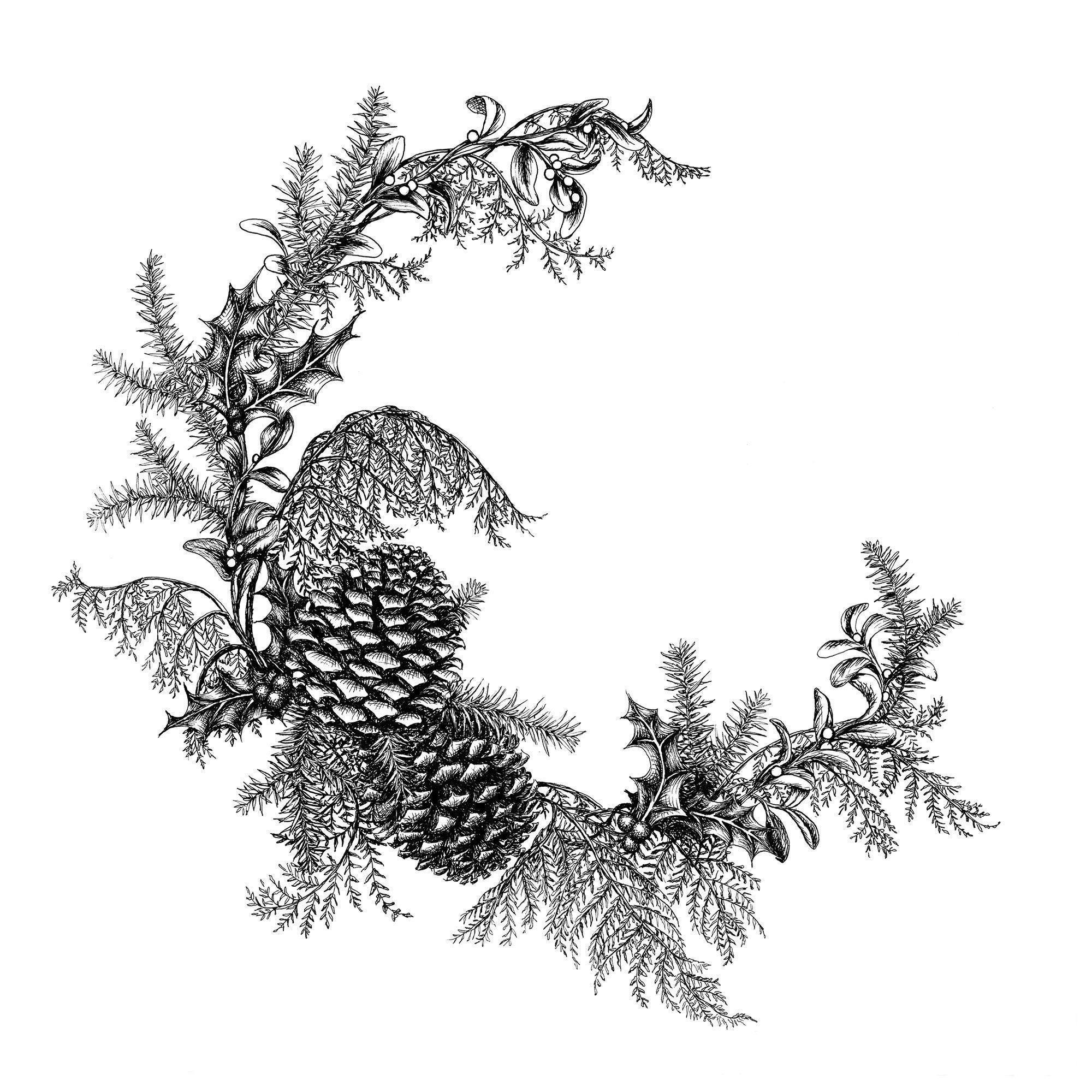 Dessin à l'encre à main levée Yule Wreath, signé, numéroté, impression ...