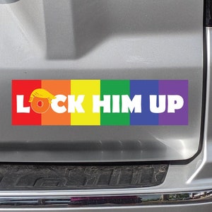 Custom Bumper Sticker - LOCK HIM UP - Trump Hair Orange Face - Rainbow ...