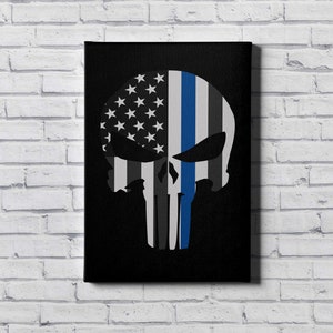 Skull Canvas / Thin Blue Line Flag / Gallery Wrapped Canvas Wall Art ...
