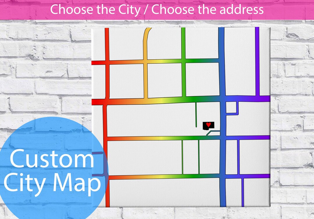 Custom City Map Rainbow Pulse / Map Printed on Canvas /gallery Wrapped ...