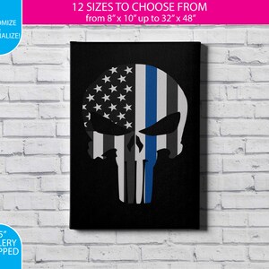 Skull Canvas / Thin Blue Line Flag / Gallery Wrapped Canvas Wall Art ...