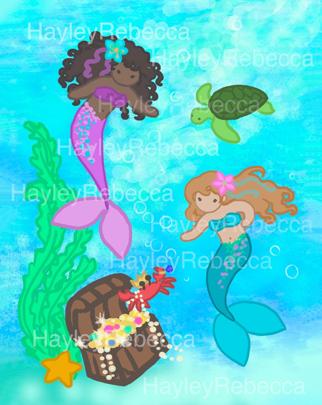 Little Mermaid Friends, Sea Turtle, Treasure Chest Under the Sea-art ...