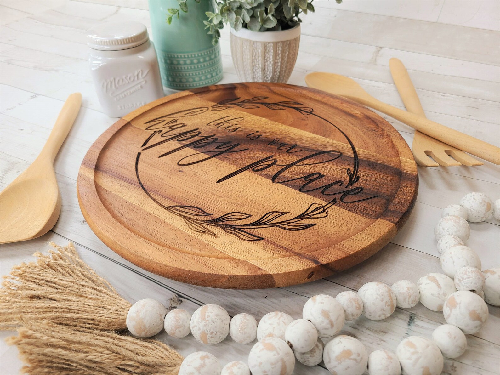 Custom Engraved Acacia Lazy Susan This is Our Happy Place - Etsy