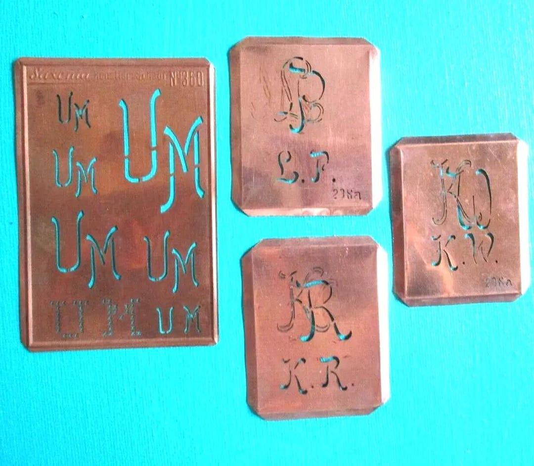 4 Monogram Stencils-copper-around 1920-U.M.-K.R.-K.W.-L.T. -not yet ...