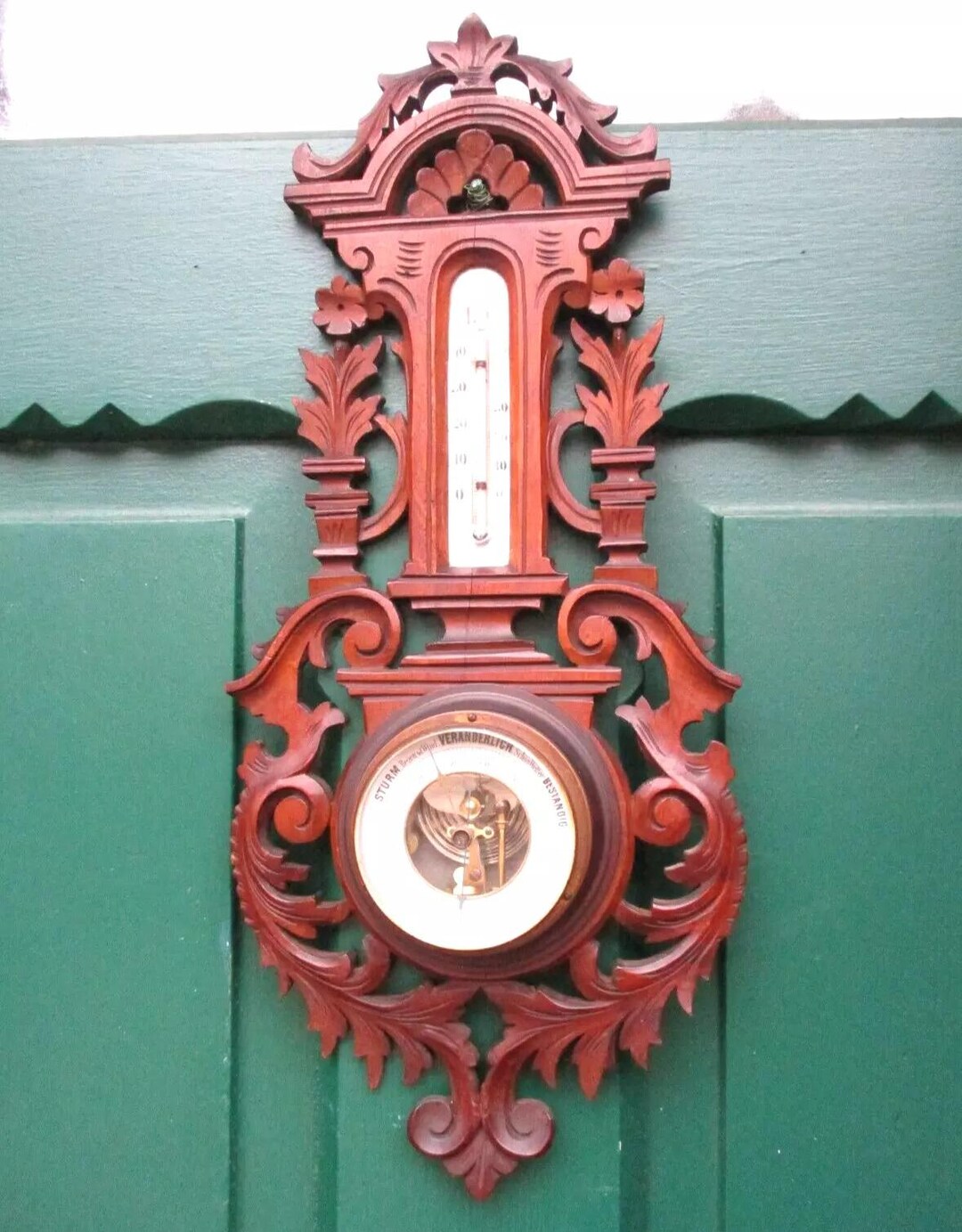 Antique Weather Station Barometer Thermometer Wood Carved Wilhelminian ...