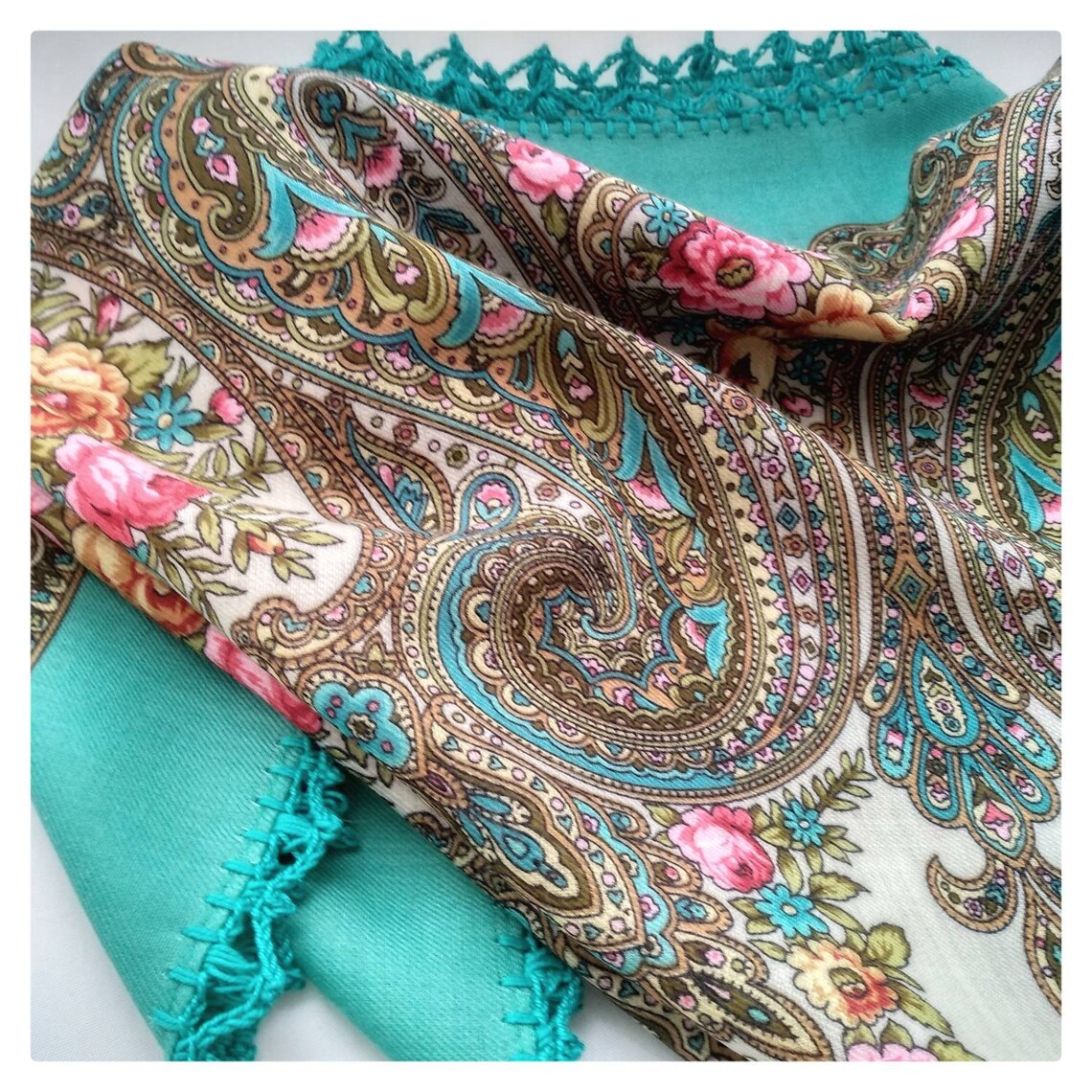 Russian Shawl Russian Scarf Turquoise Babushka Scarf Floral | Etsy