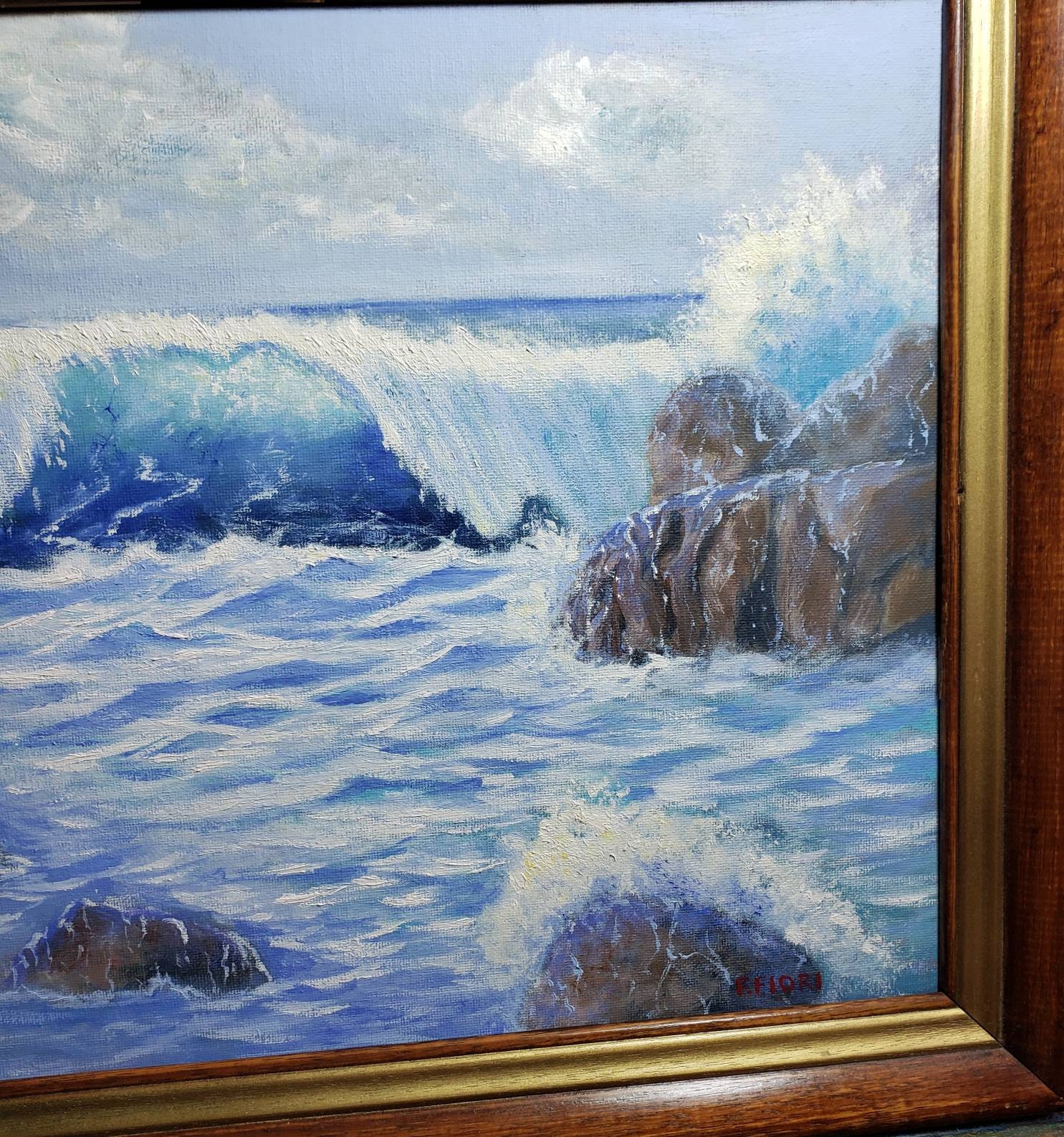 Impressionism Oil Painting of Large Crashing Wave Pounding Rocks in the ...