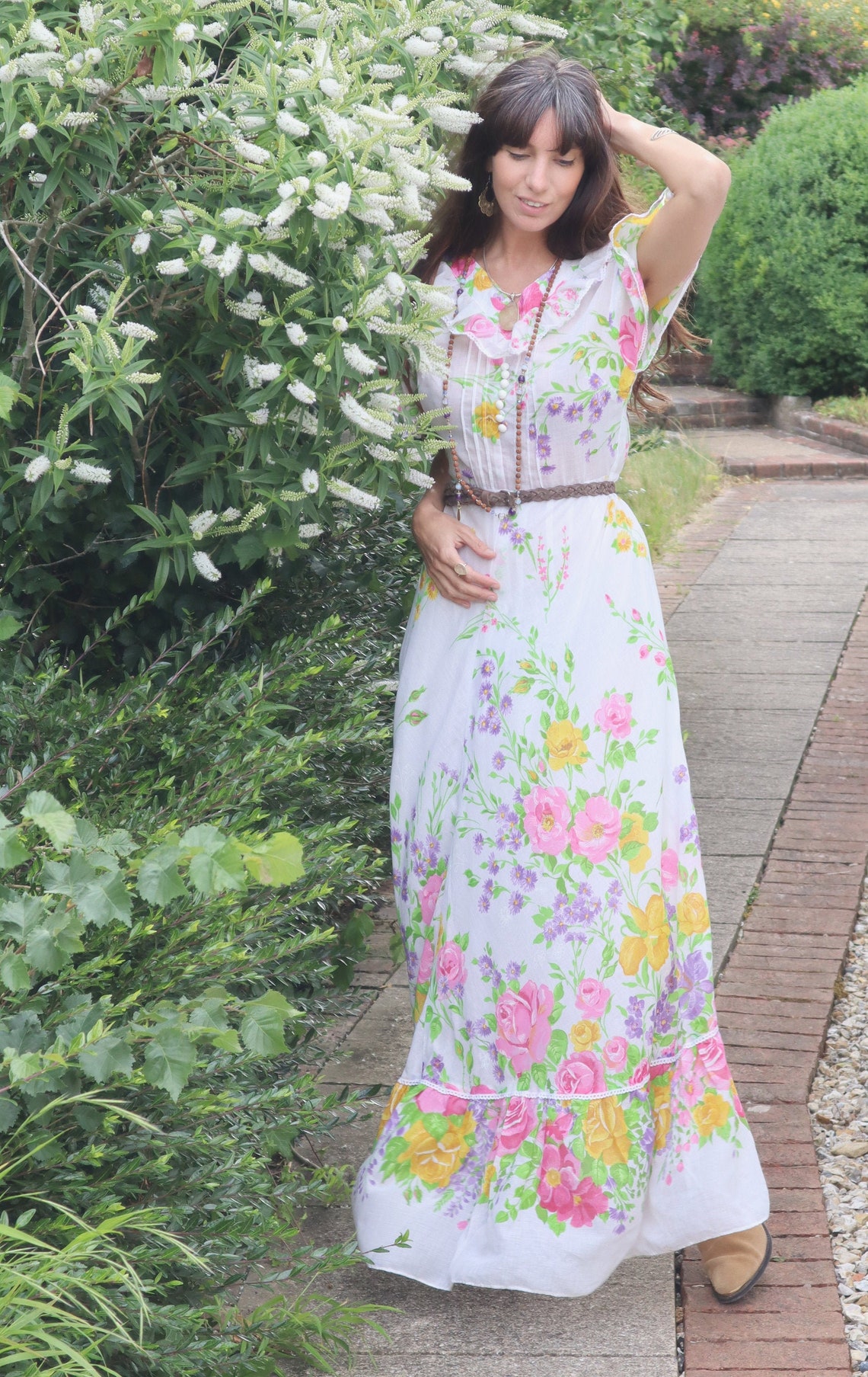 Vintage Floral 70s Angel Sleeves Maxi Dress Flowers Boho - Etsy UK