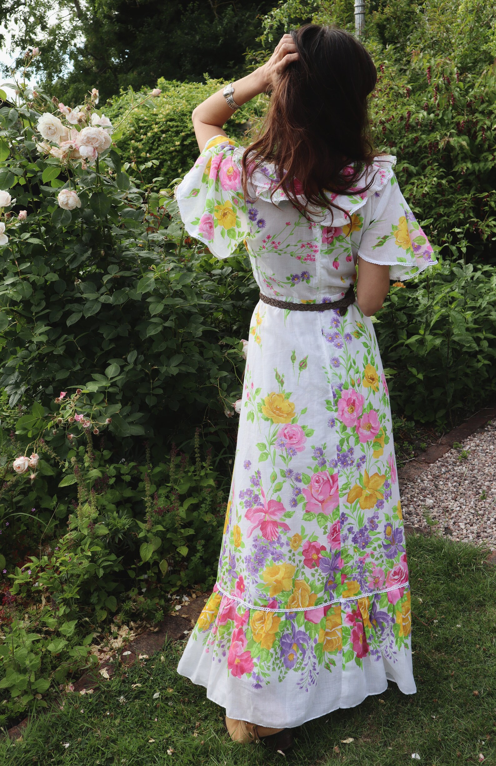 Vintage Floral 70s Angel Sleeves Maxi Dress Flowers Boho Bohemian Small 1970s UK 8 EU 36 US 6 ...