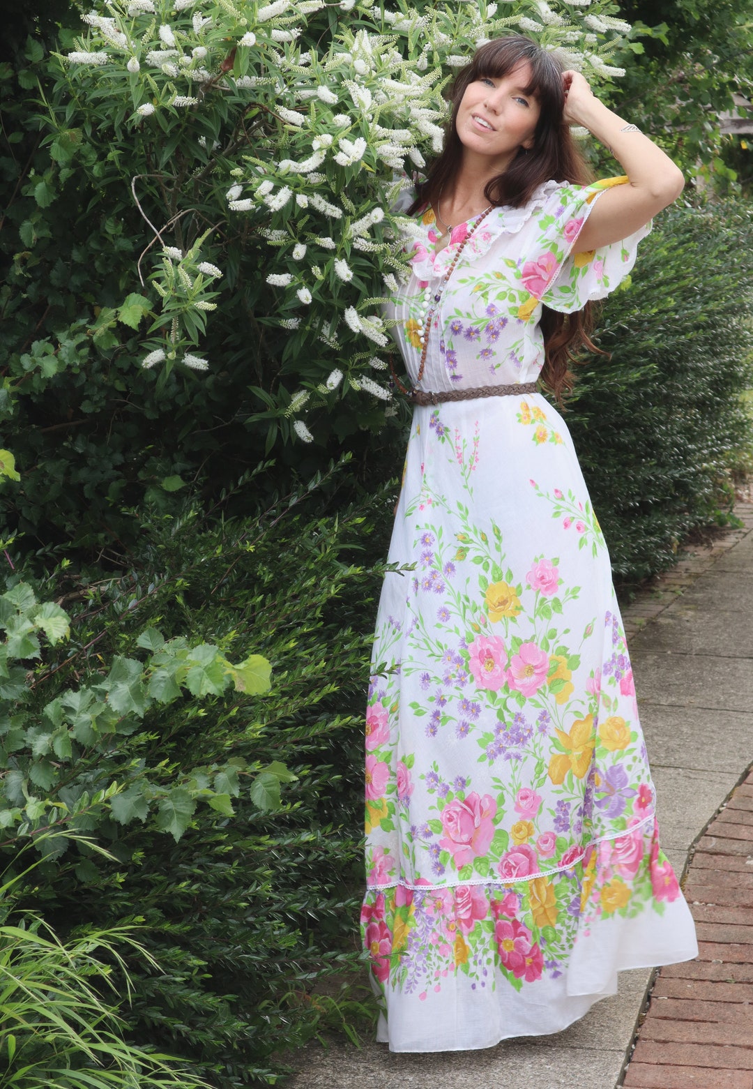 Vintage Floral 70s Angel Sleeves Maxi Dress Flowers Boho Bohemian Small 1970s UK 8 EU 36 US 6 ...