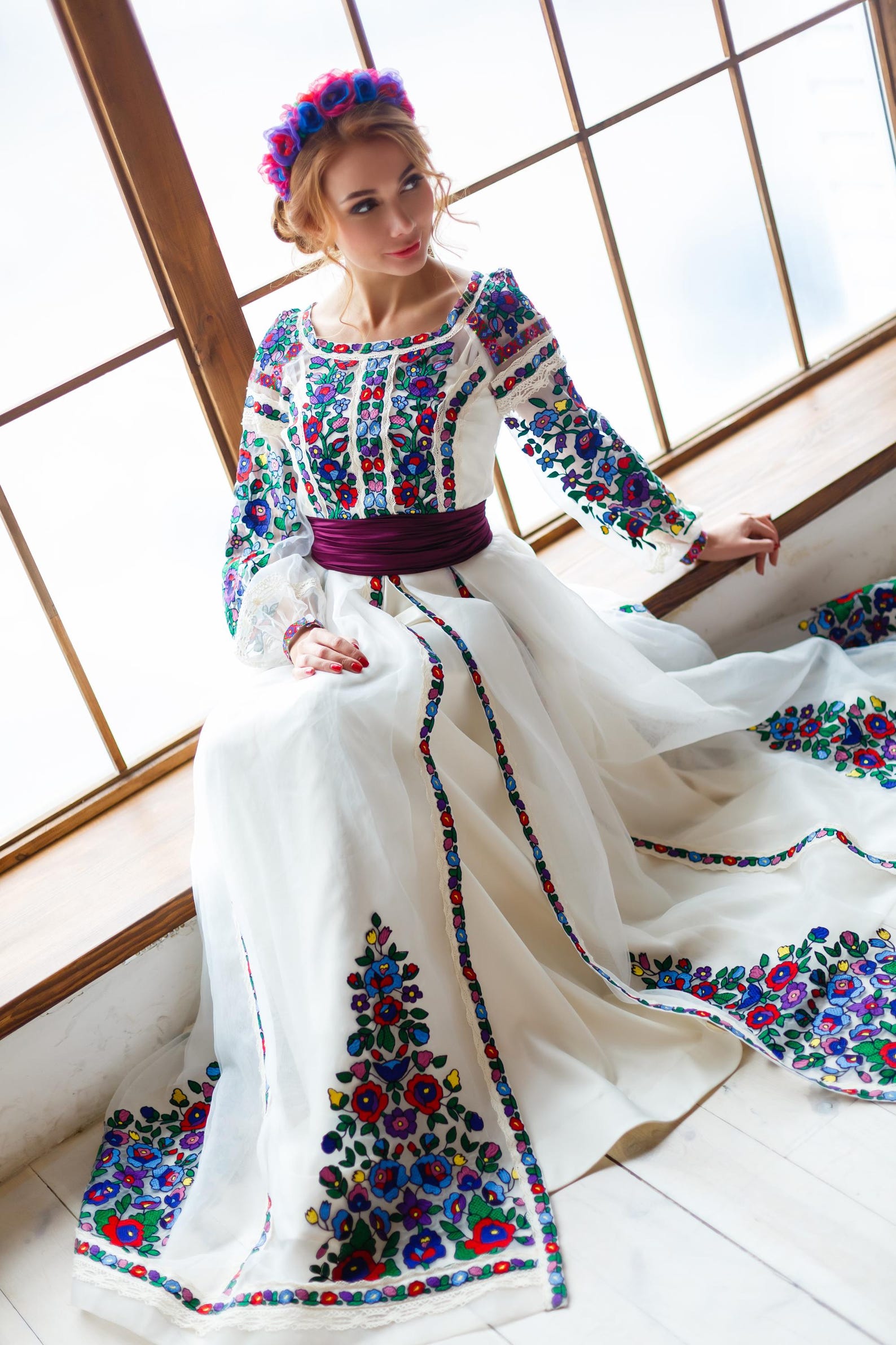 Embroidered Ukrainian Wedding Dress, Modern Bridal Gown With Colorful ...